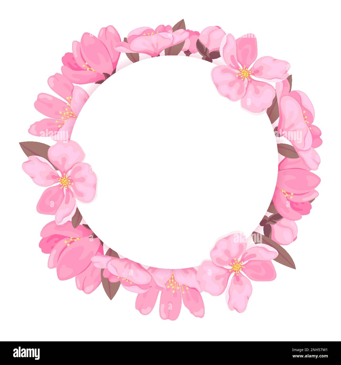 Cherry blossom round floral frame 3d pink flat. Circle bloom spring ...
