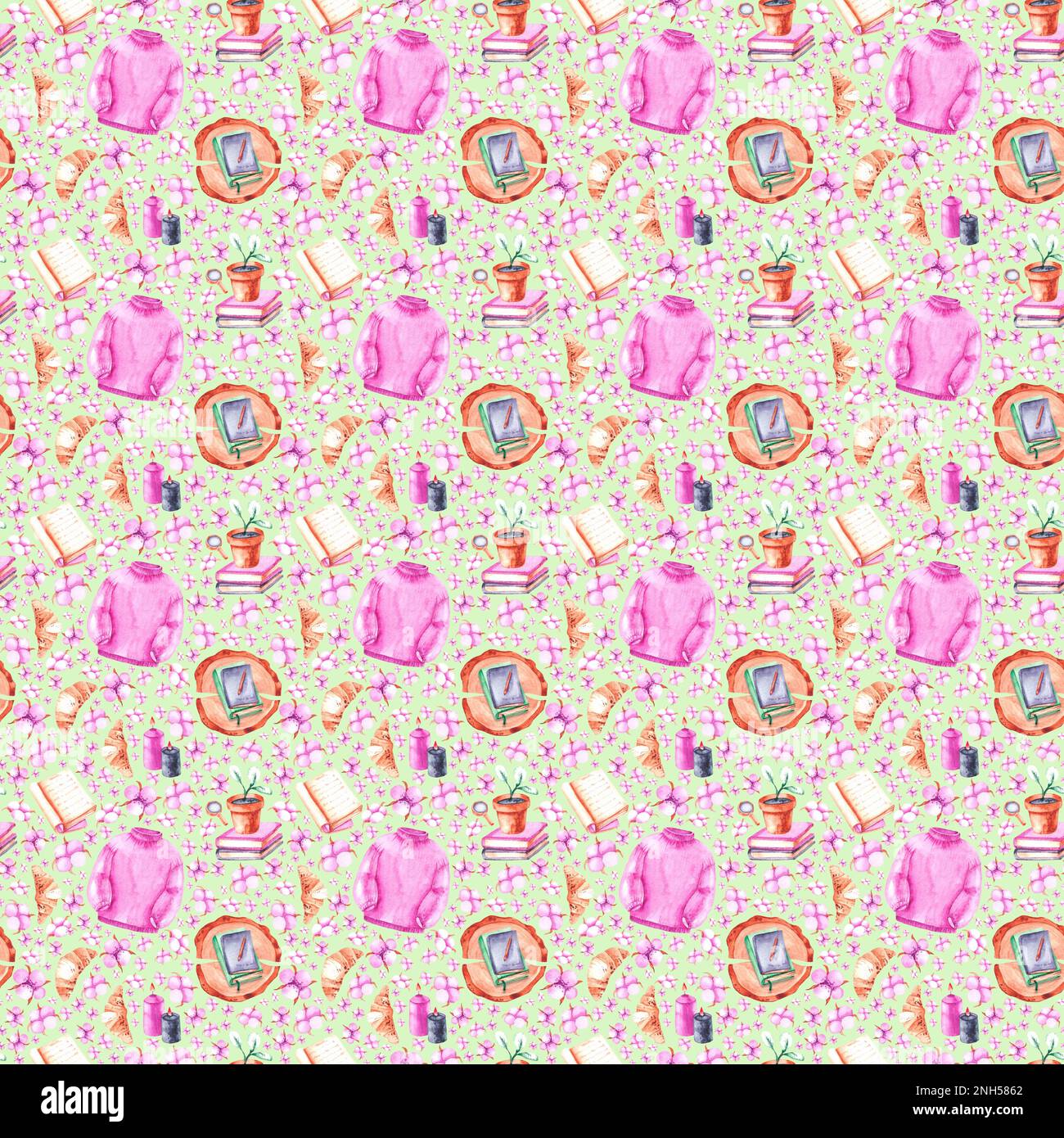 Watercolor pattern with books, cotton, wood, sweaters, home flowers ...