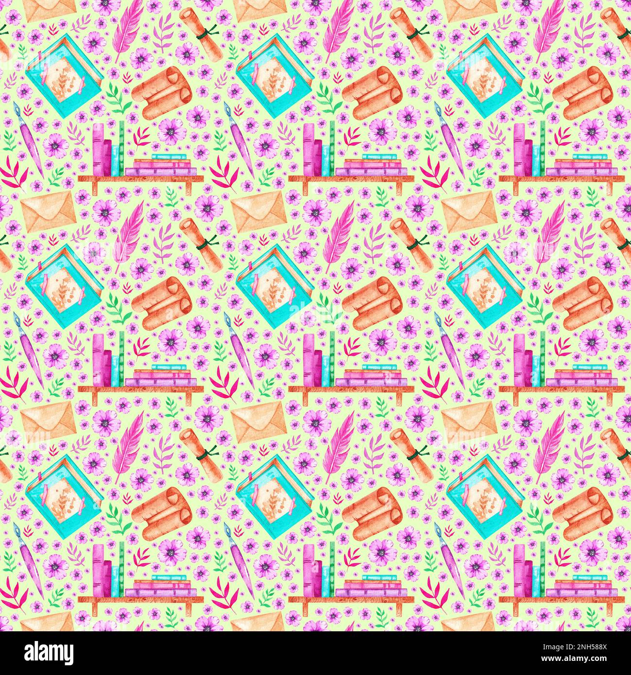 Watercolor pattern with books, ink, pens, shelves, papyri, flowers and ...