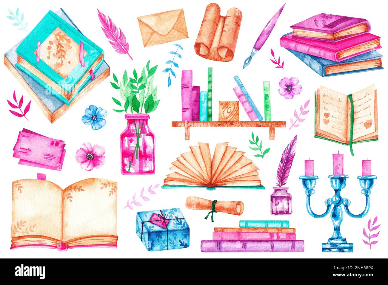Watercolor set library, books, ink, flowers, scrolls, candelabra ...