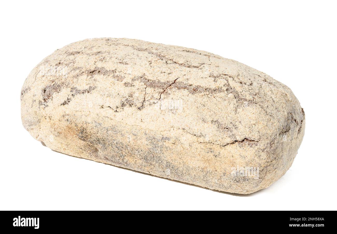 Baked rye flour bread in the shape of a brick on a white isolated ...