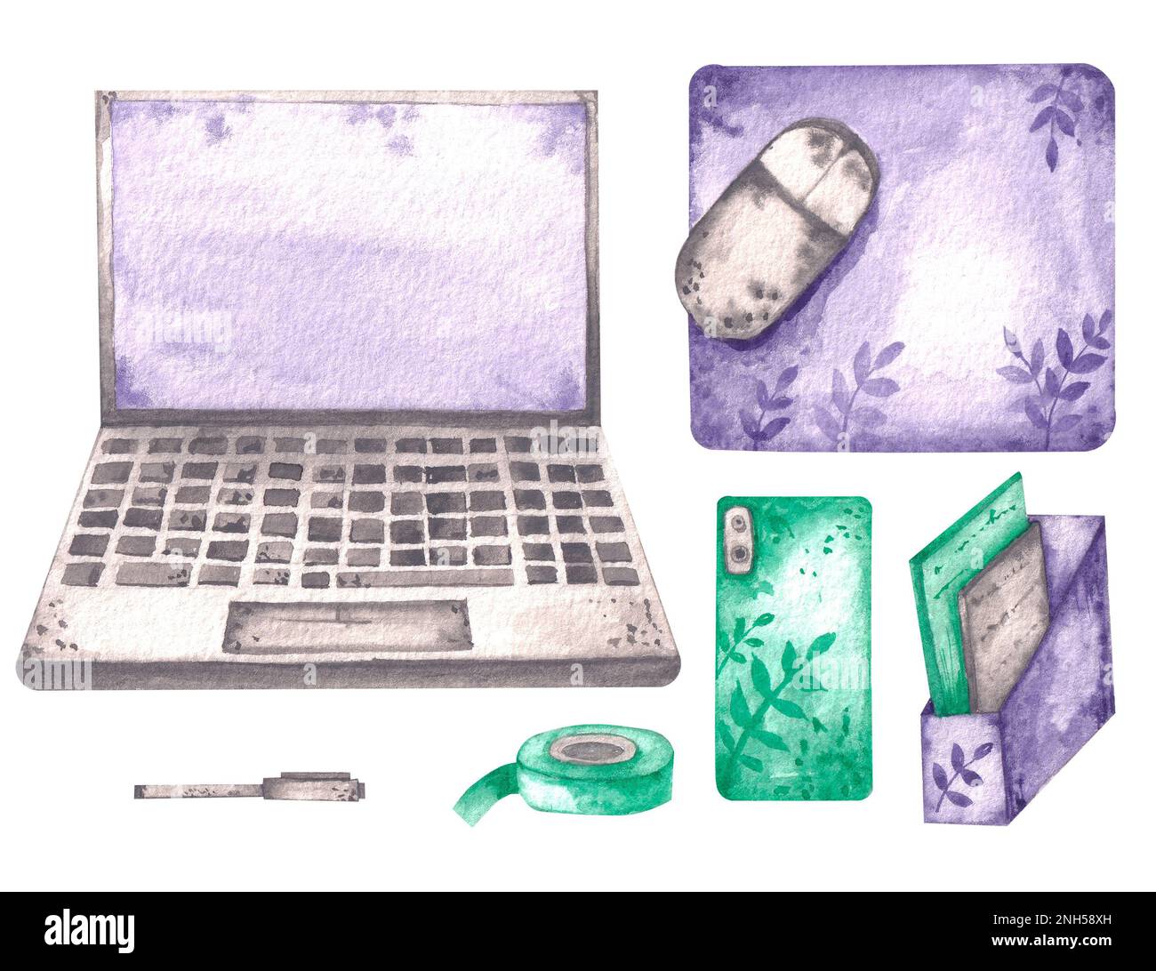 Watercolor set with home office items laptop, mouse, mouse pad ...