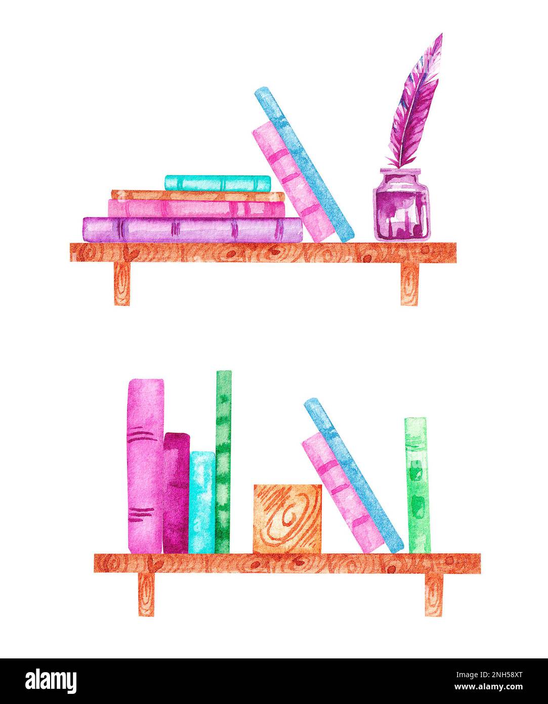 Watercolor set with books on a white background. Shelf, books, ink, pen ...
