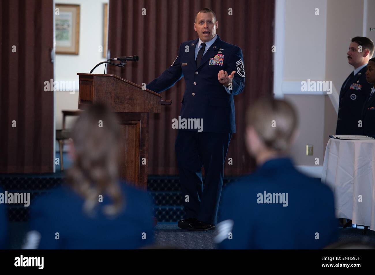 Chief Master Sgt. William Hebb, installation command chief, addresses ...
