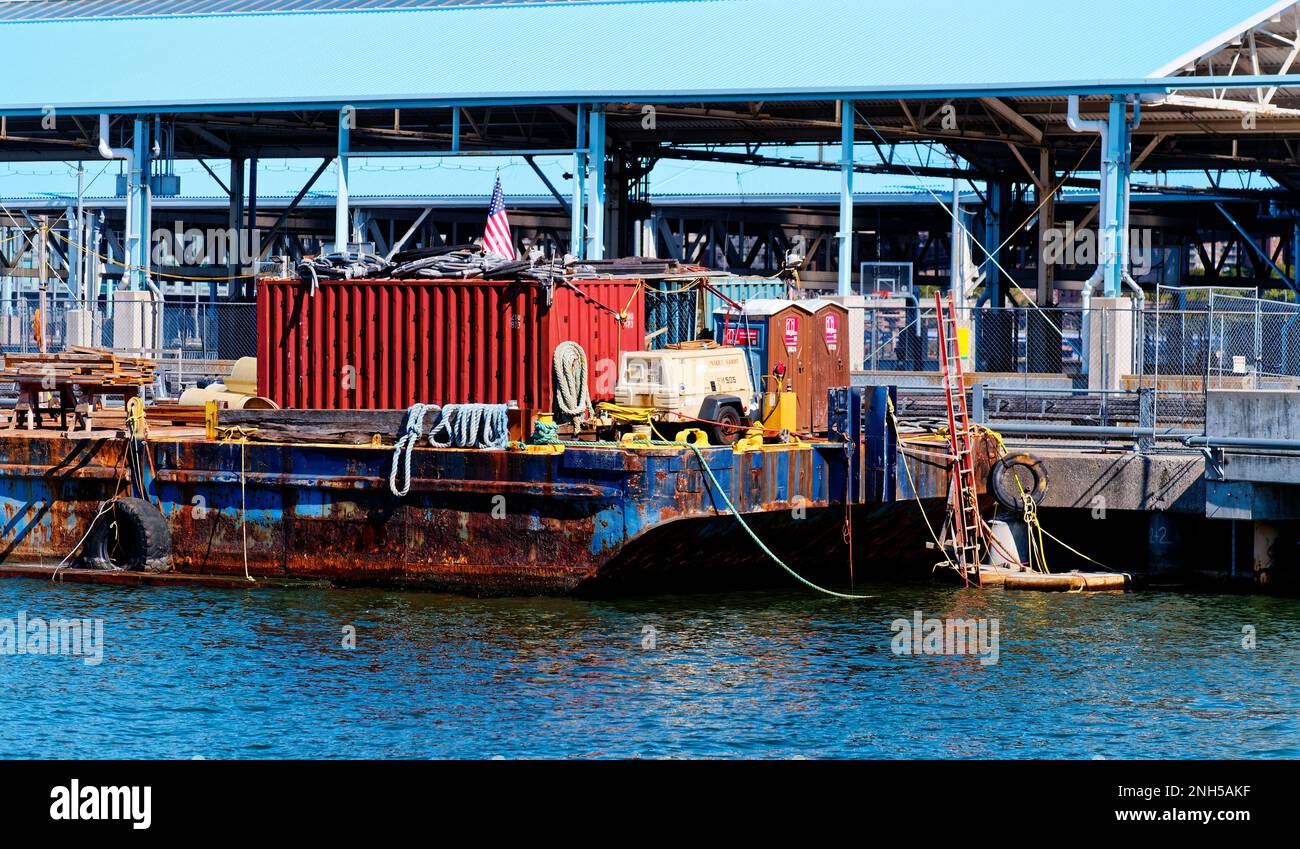 Salvage Barge in East River Stock Photo - Alamy