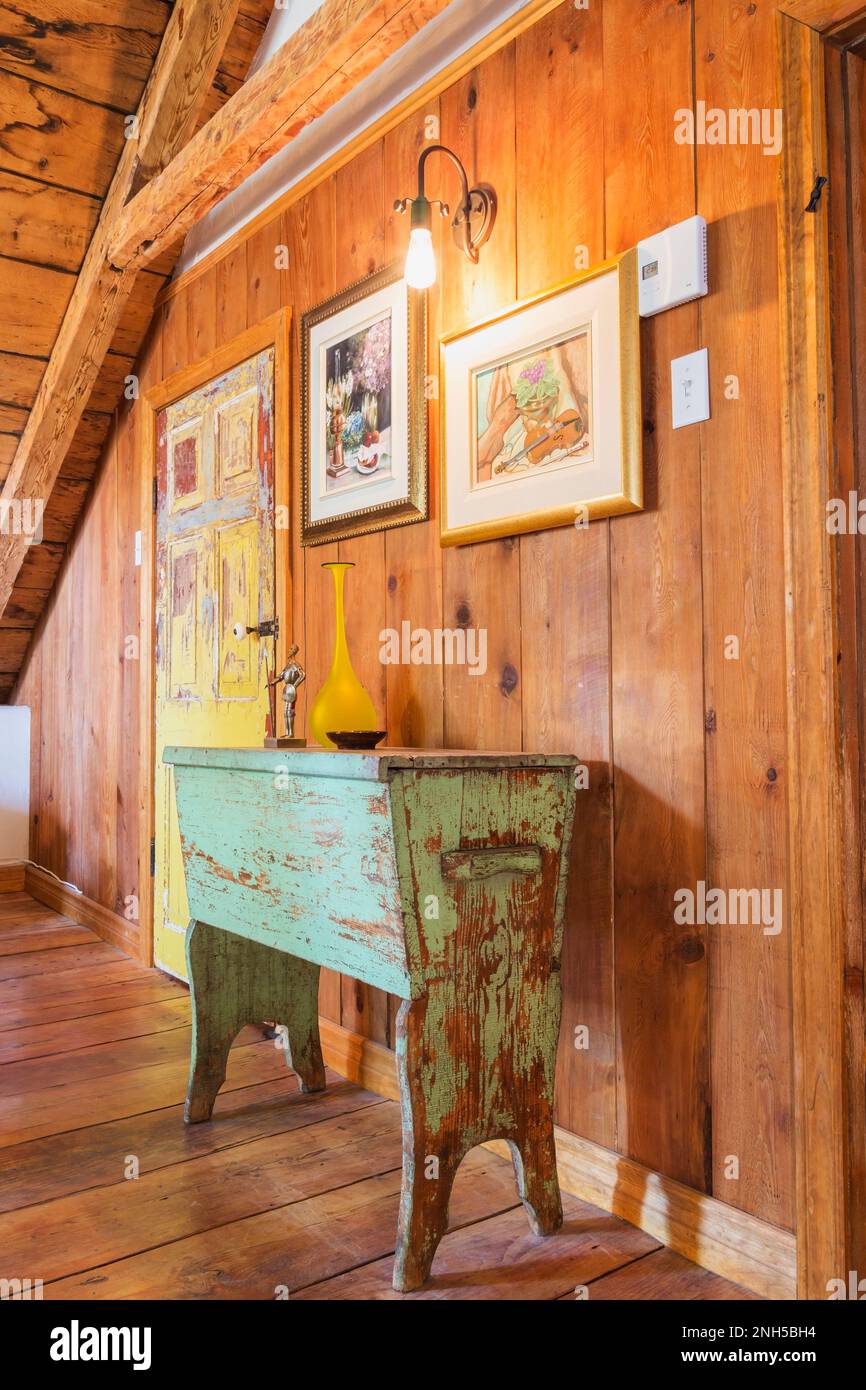 Distressed antique green painted workbench table in upstairs guest ...