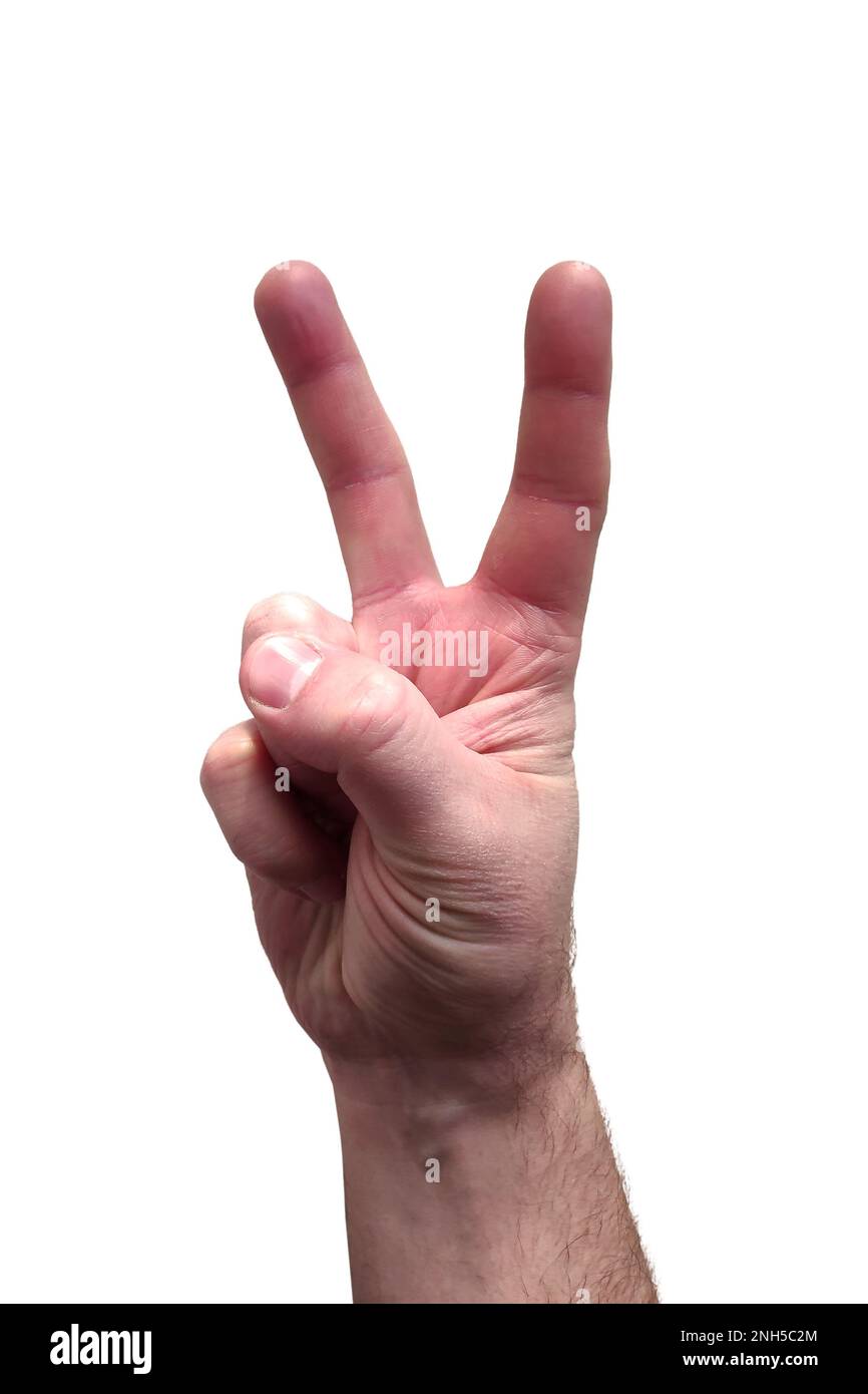Caucasian male hand showing peace sign / number two on white background ...