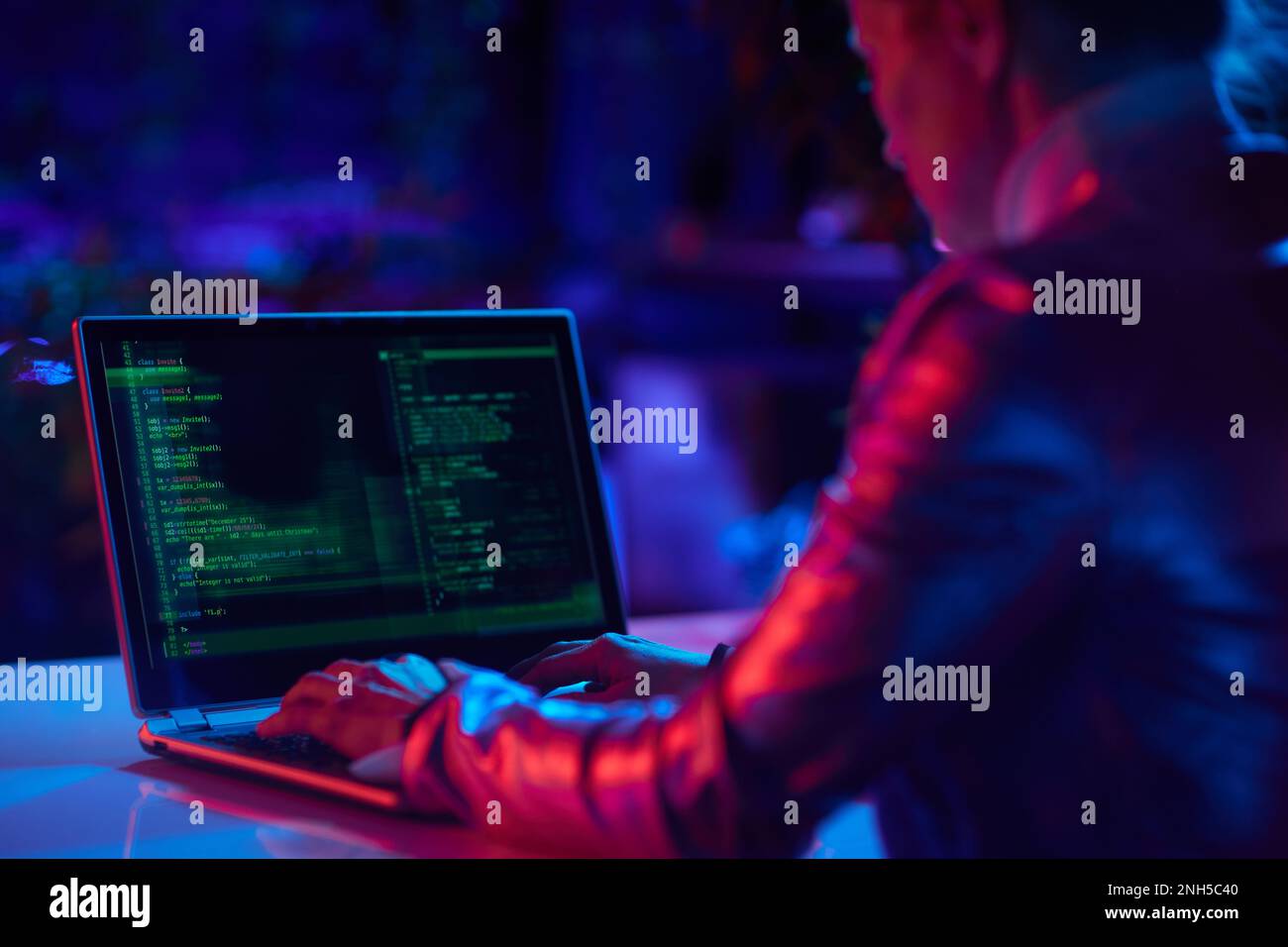 Seen from behind modern woman with laptop decentralized finance coding ...