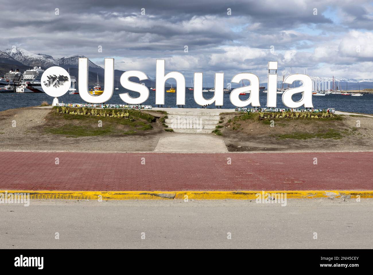 Famous Ushuaia lettering at the port of Ushuaia, Tierra del Fuego in ...