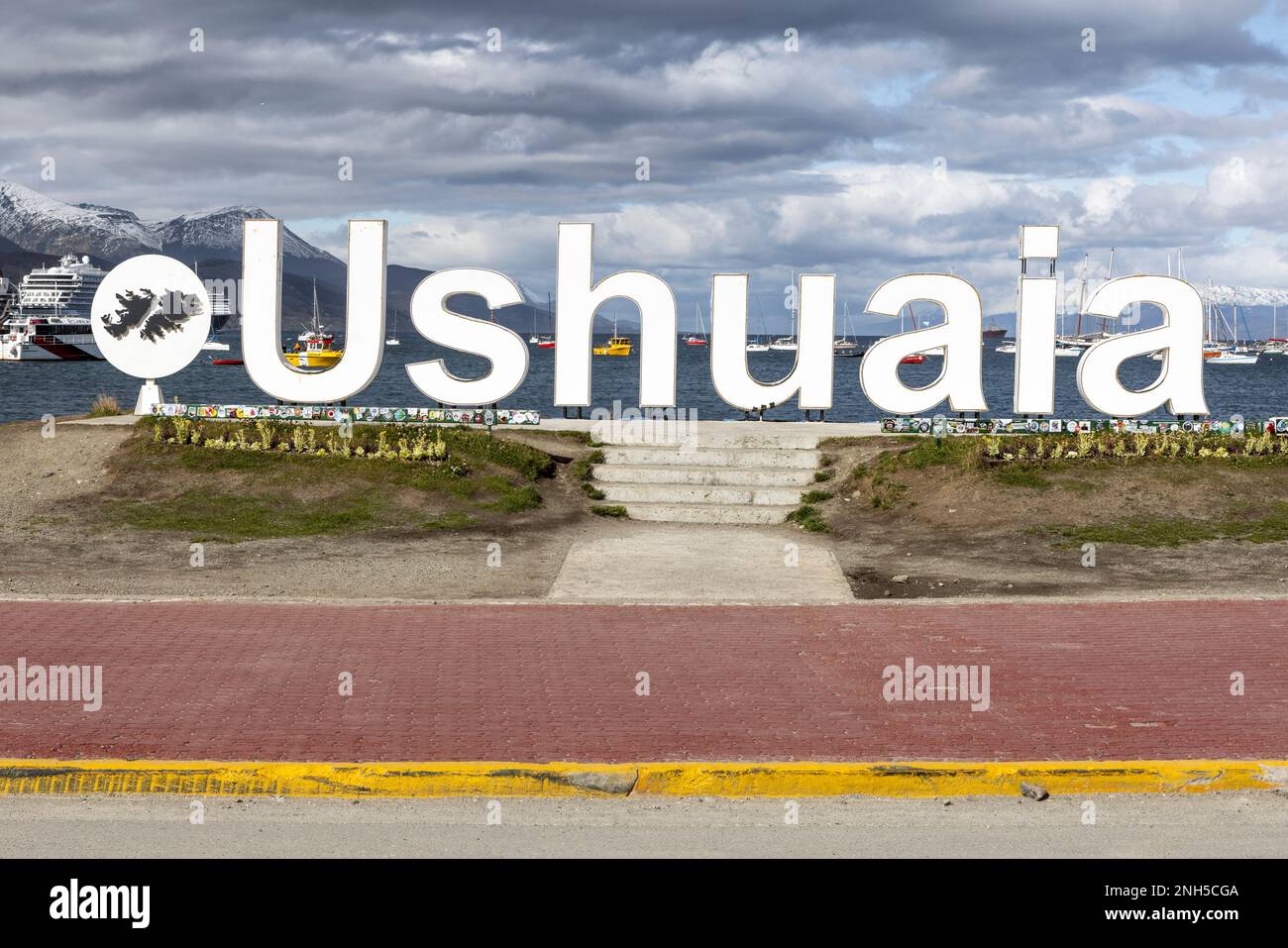 Famous Ushuaia lettering at the port of Ushuaia, Tierra del Fuego in ...