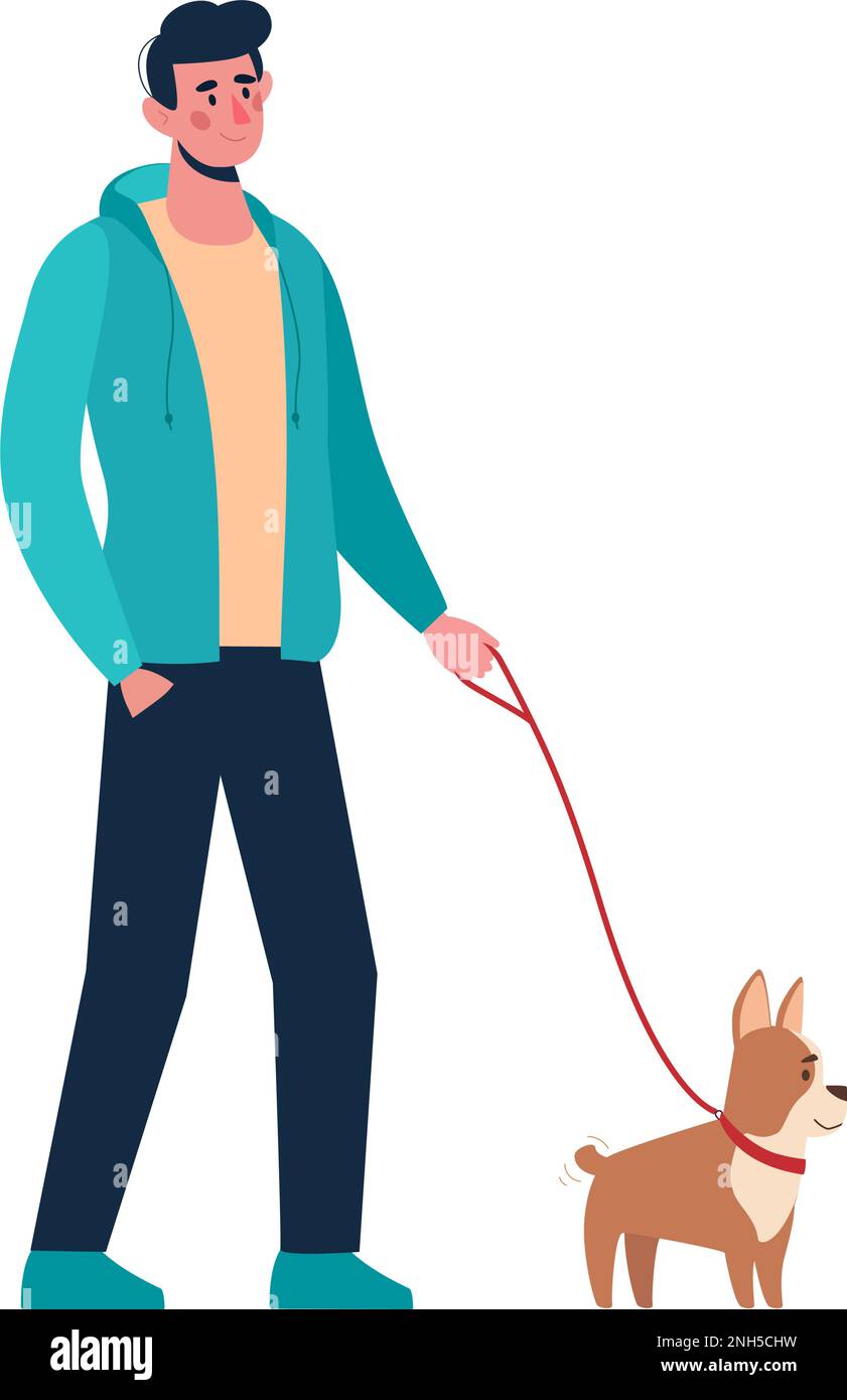 Man walking with little dog. A male in casual clothes holding a puppy ...