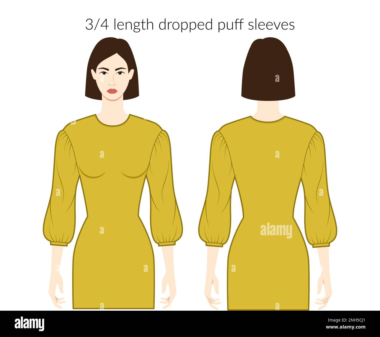 Dropped puff sleeves clothes character lady in ochre top, shirt, dress ...