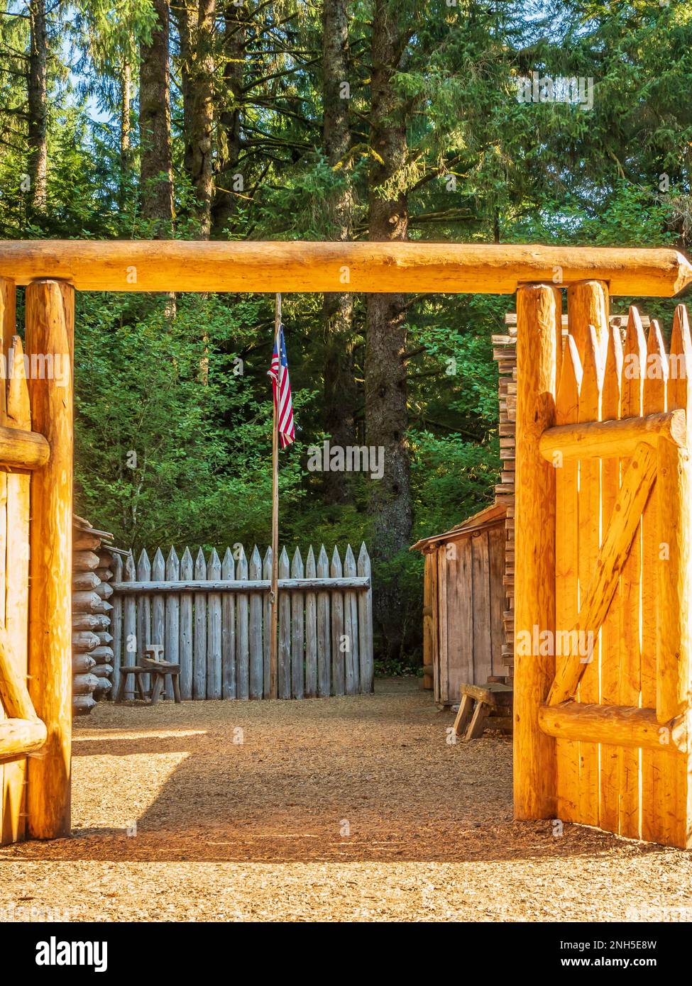Reconstructed buildings, Fort Clatsop National Memorial near Astoria ...