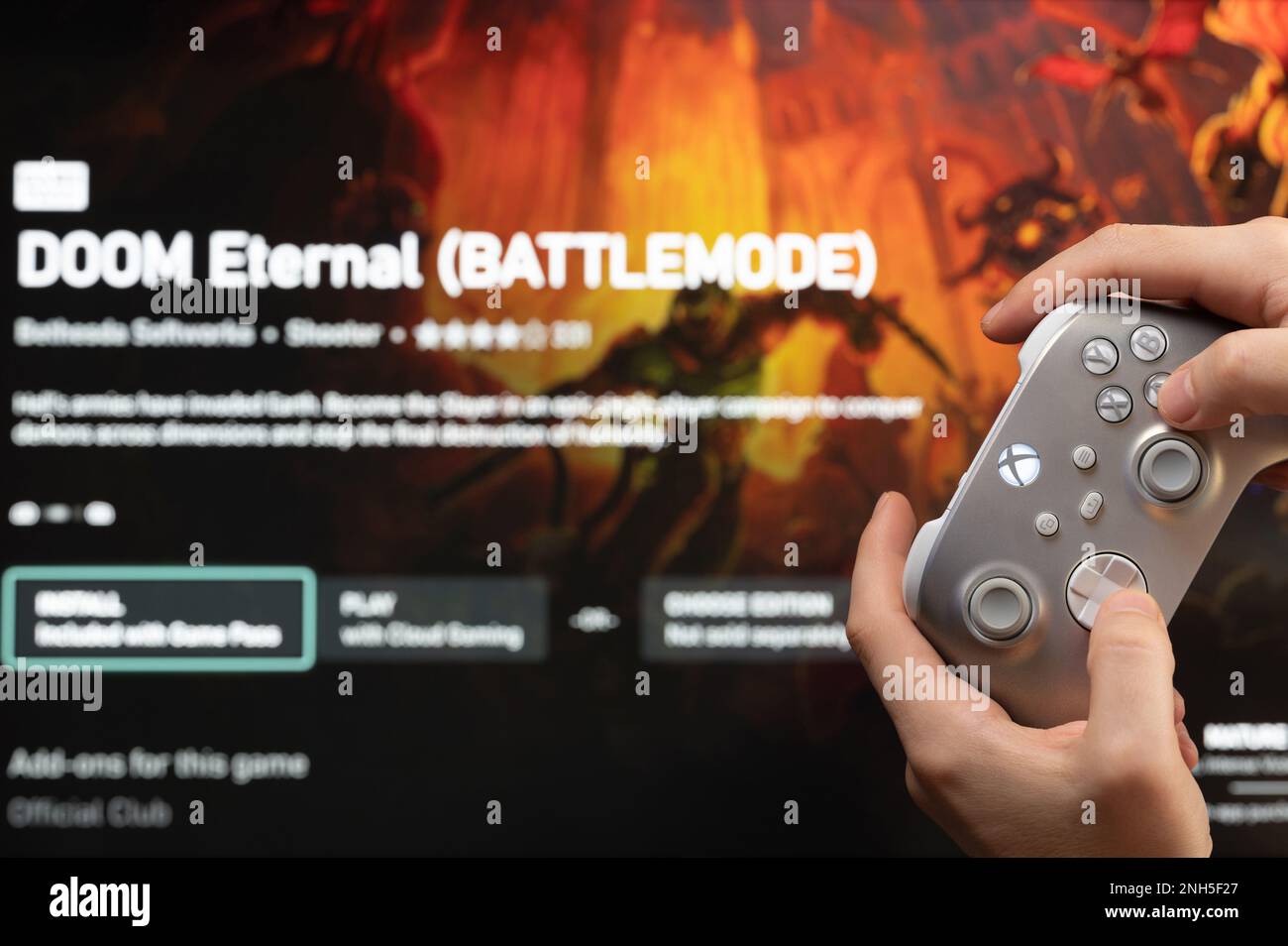 New york, USA - February 20, 2023: Play Doom game on computer console ...