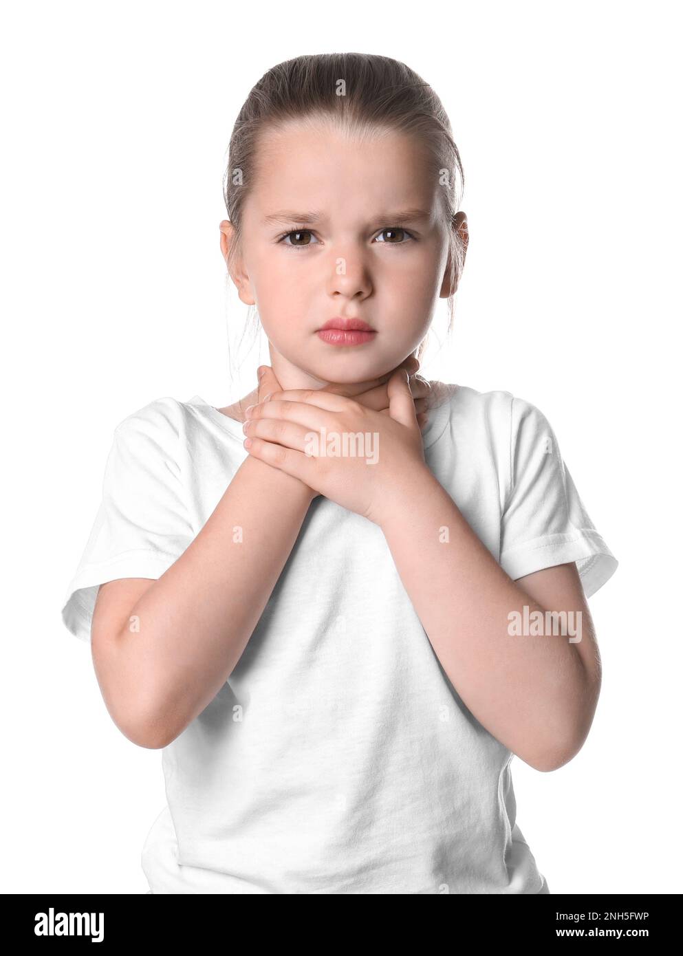 Little girl suffering from sore throat on white background Stock Photo ...