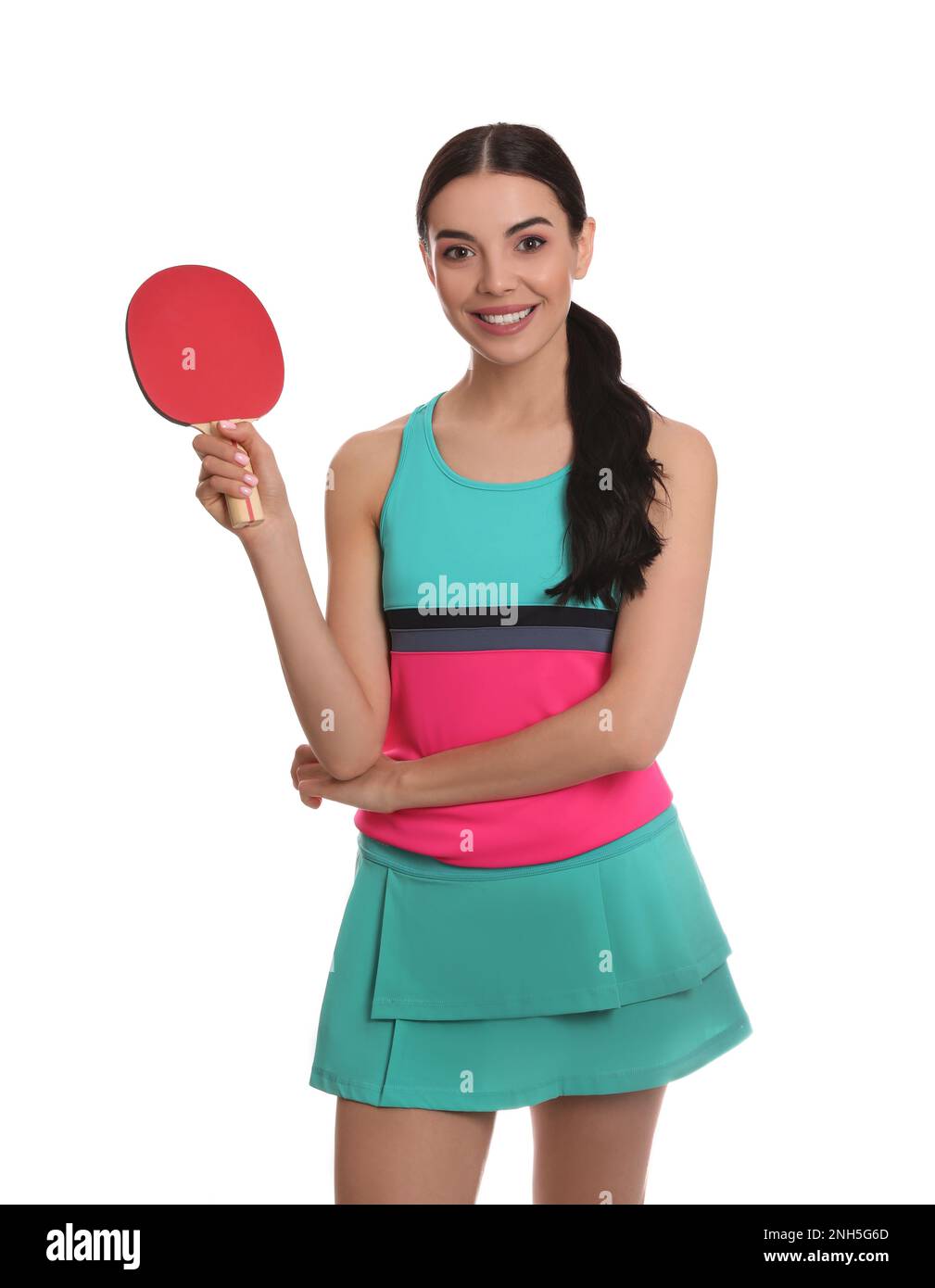 Beautiful young woman with table tennis racket on white background ...