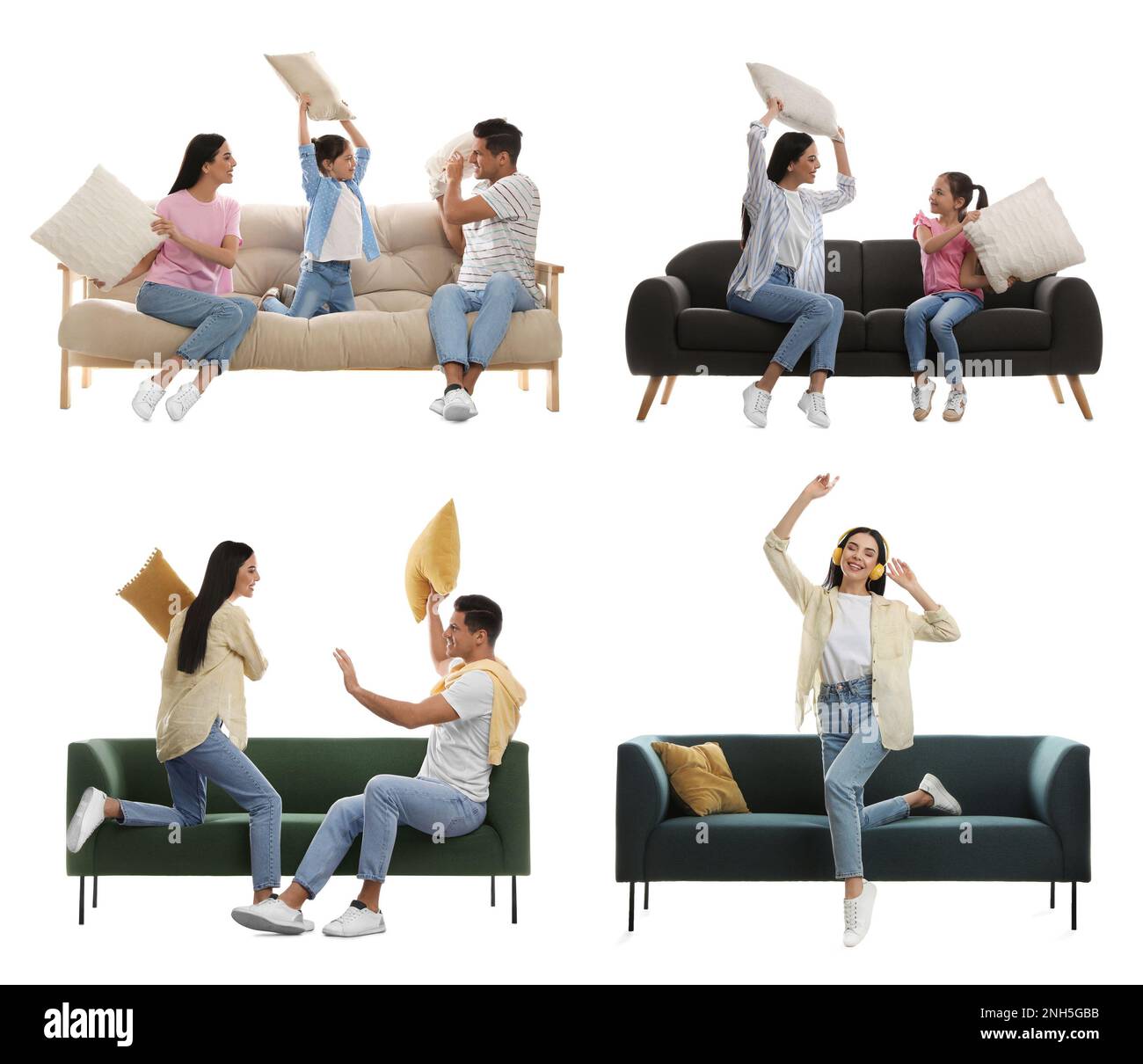 People resting on different stylish sofas against white background ...