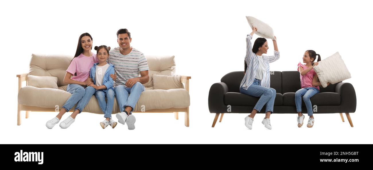 People resting on different stylish sofas against white background ...