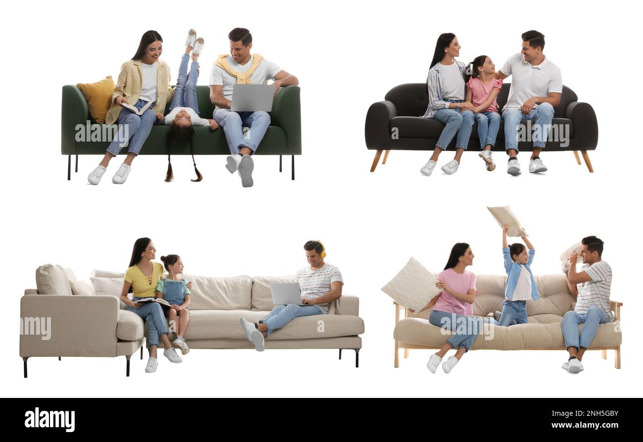 People resting on different stylish sofas against white background ...
