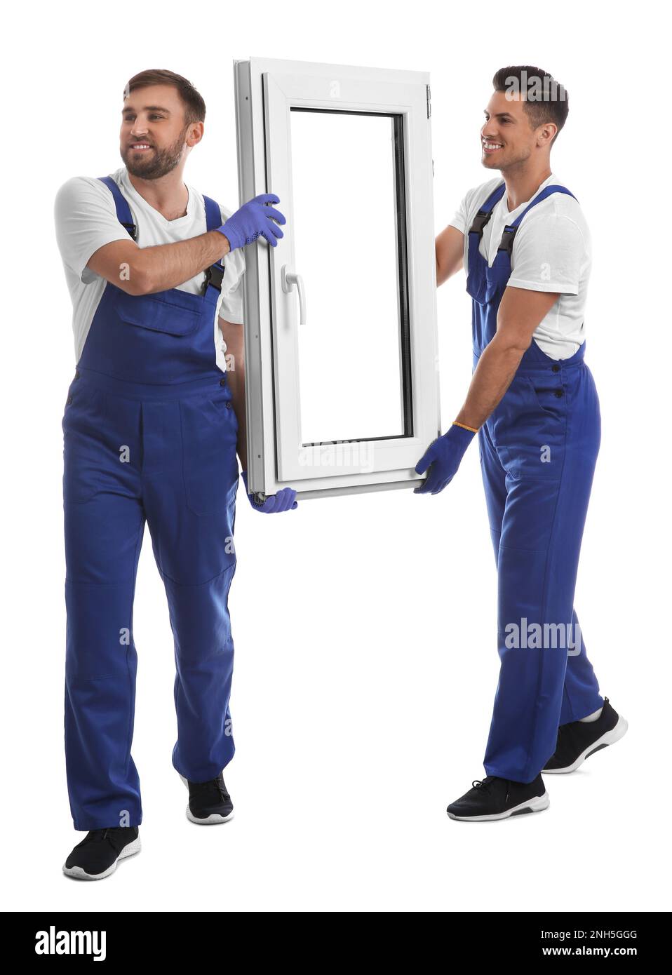 Workers with plastic window on white background. Installation service ...