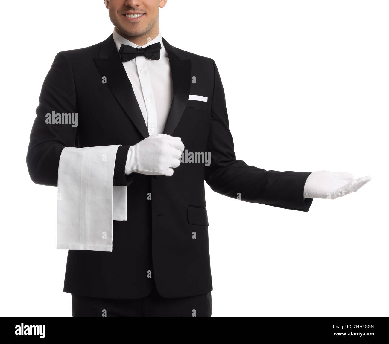 Butler with towel on white background, closeup Stock Photo - Alamy