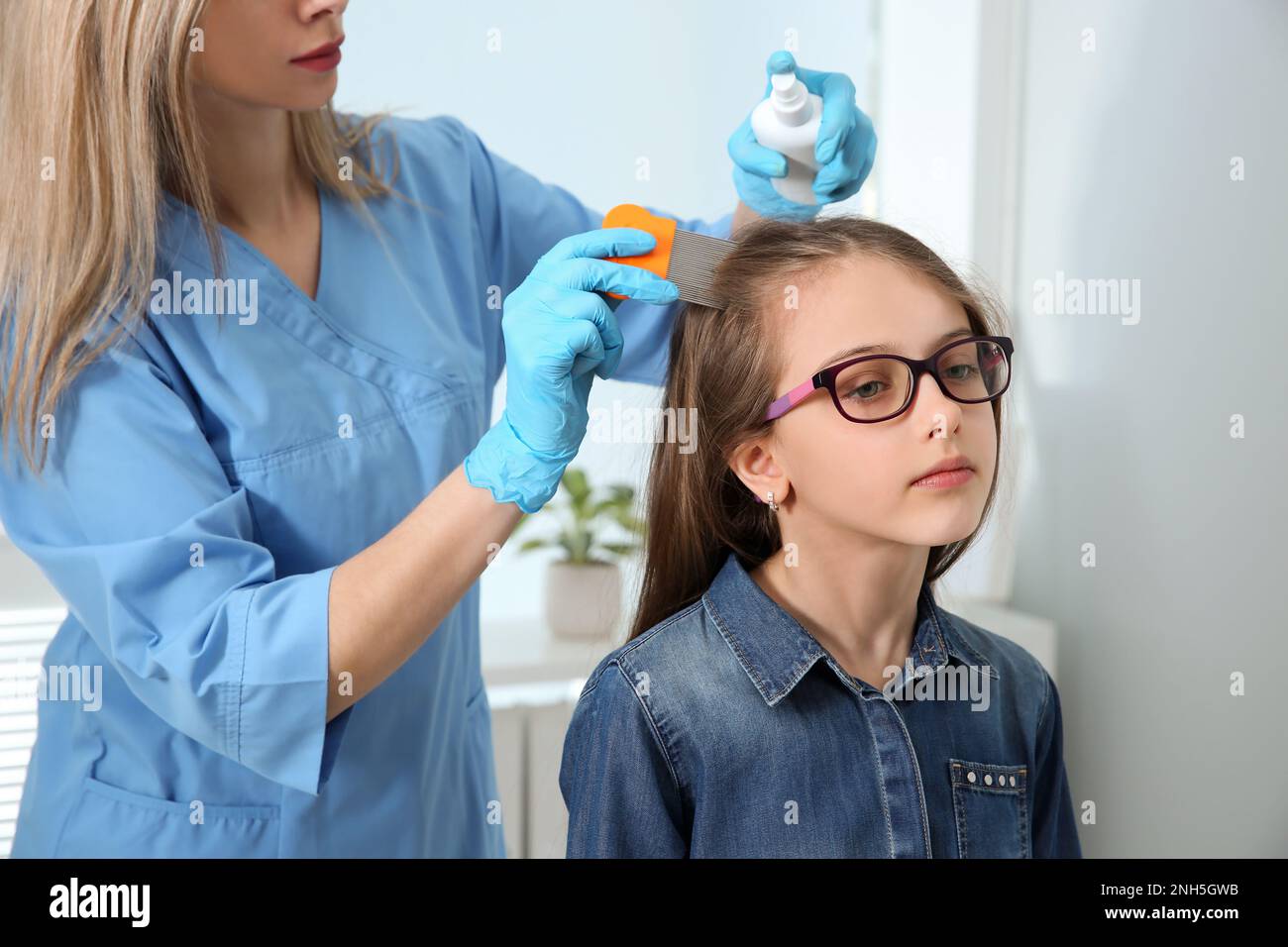 Doctor using nit comb and spray on girl's hair indoors. Anti lice ...
