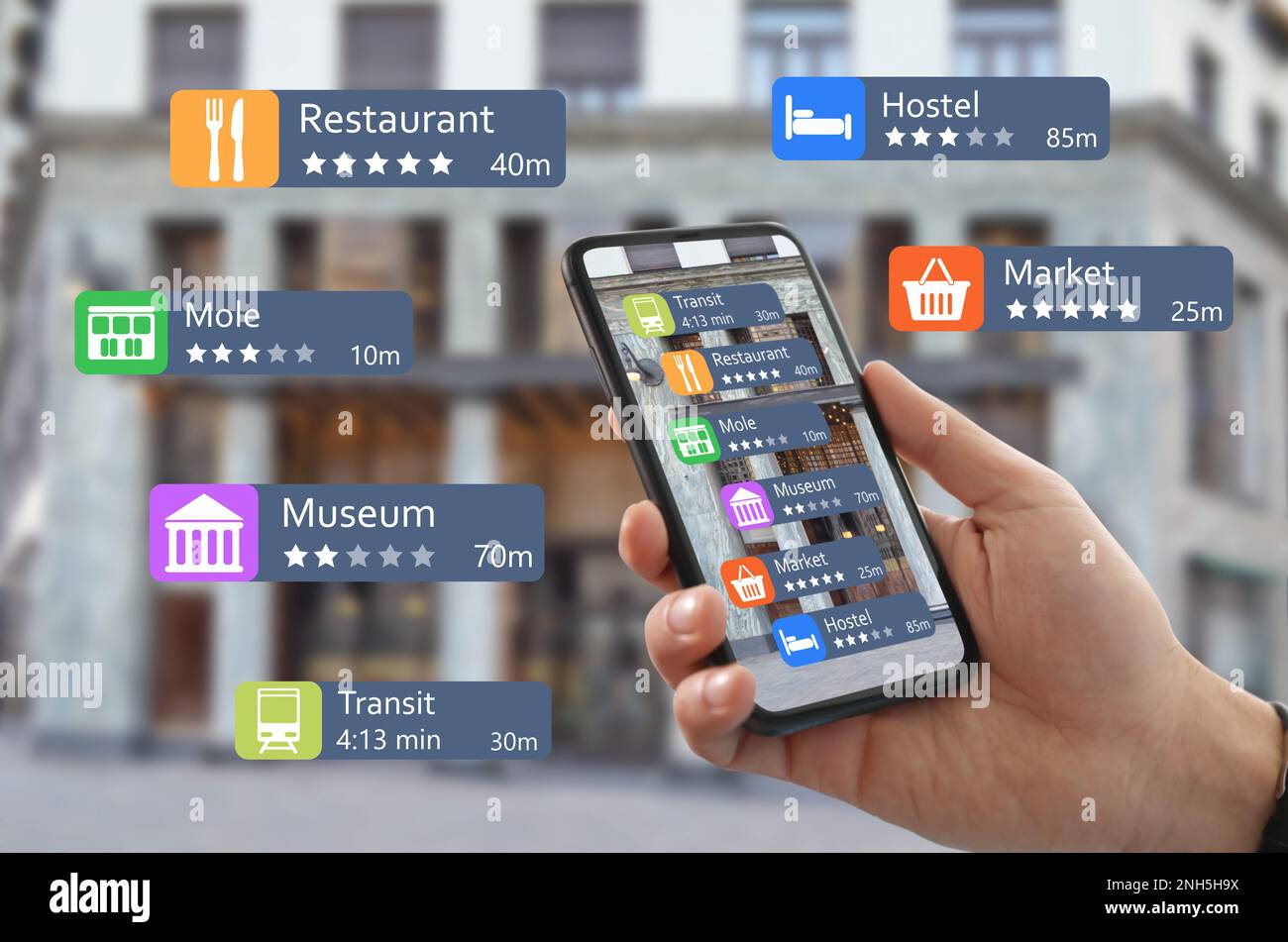Tourist using online guide application on smartphone for navigation in ...