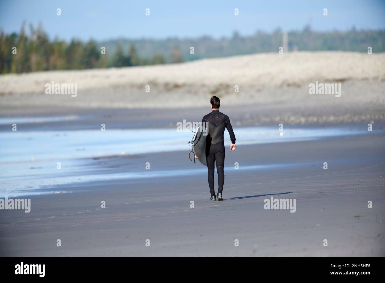 Surfer carries his board down the beach, Cherry Hill Beach, Nova Scotia ...