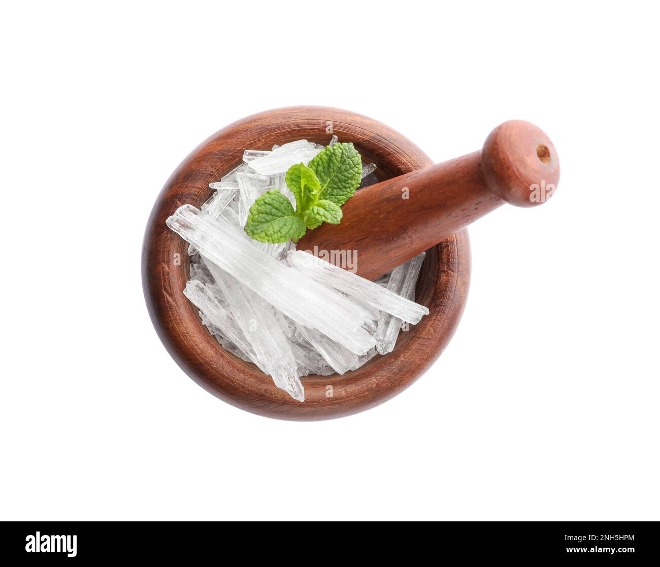 Menthol crystals and mint leaves on white background, top view Stock ...