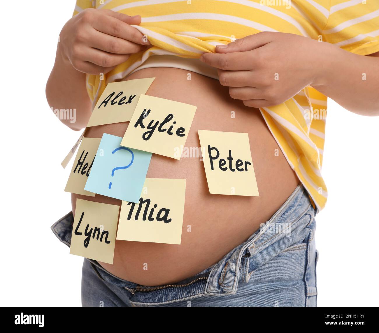 Pregnant woman with different baby names on belly against white ...
