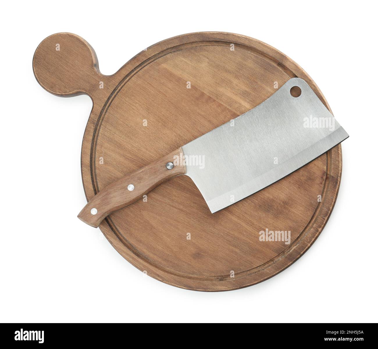 Large sharp cleaver knife with wooden board isolated on white, top view ...