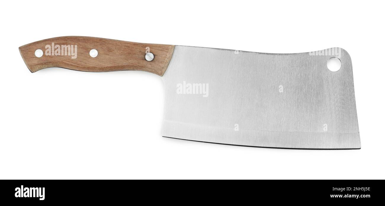 Large sharp cleaver knife with wooden handle isolated on white Stock ...