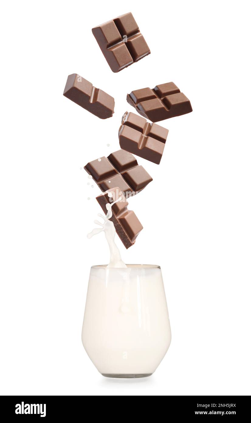 Chocolate falling into glass with milk on white background Stock Photo ...