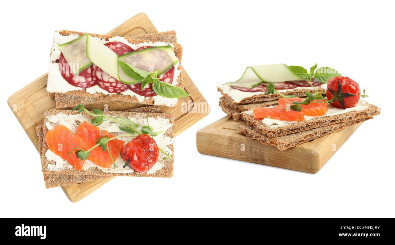 Fresh rye crispbreads with different toppings on white background ...