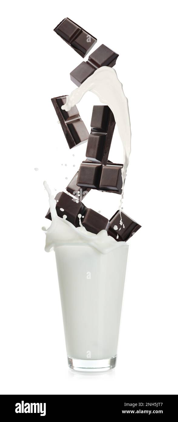 Chocolate falling into glass with milk on white background Stock Photo ...