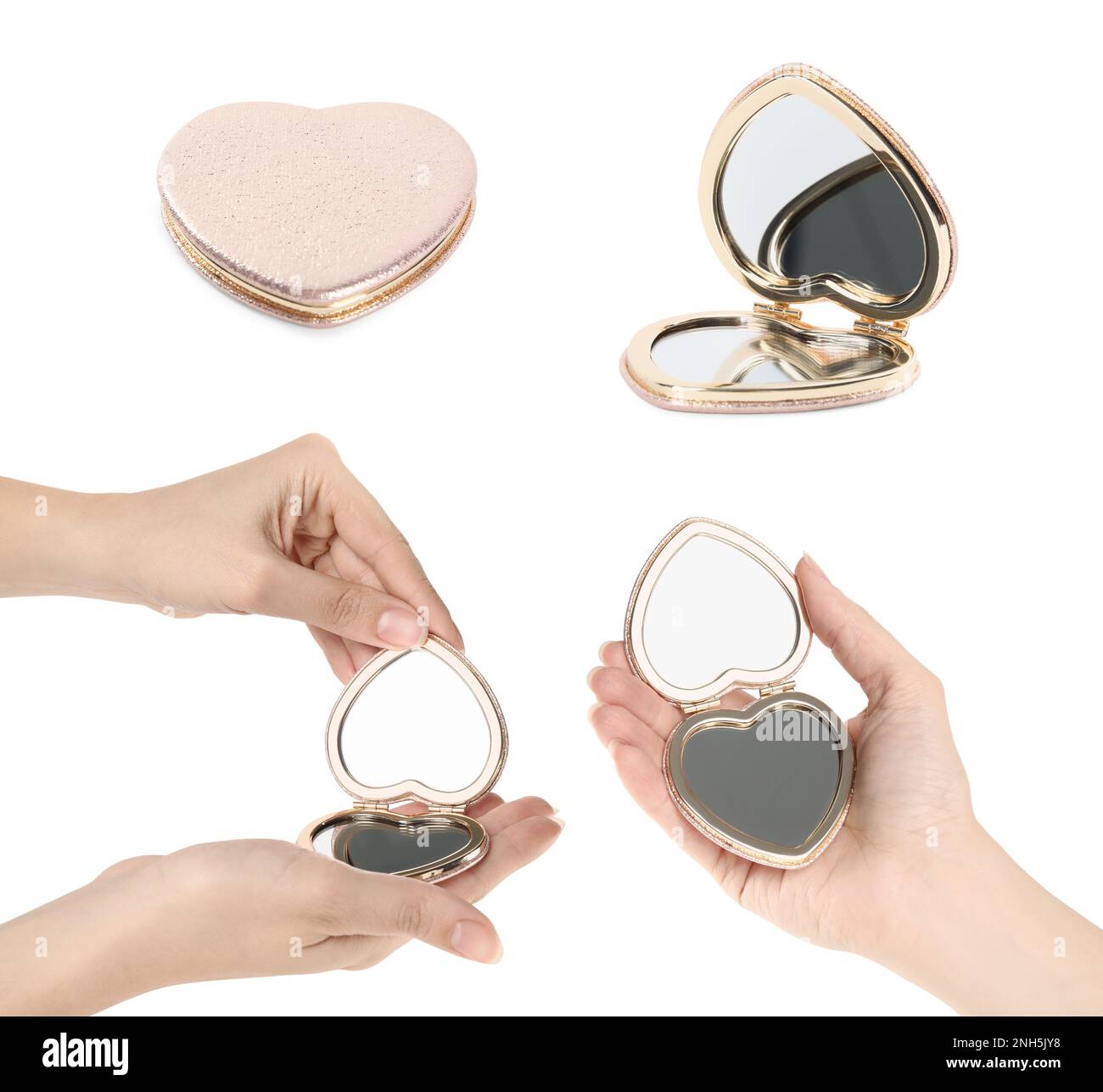 Collage with photos of women holding pocket mirrors on white background ...