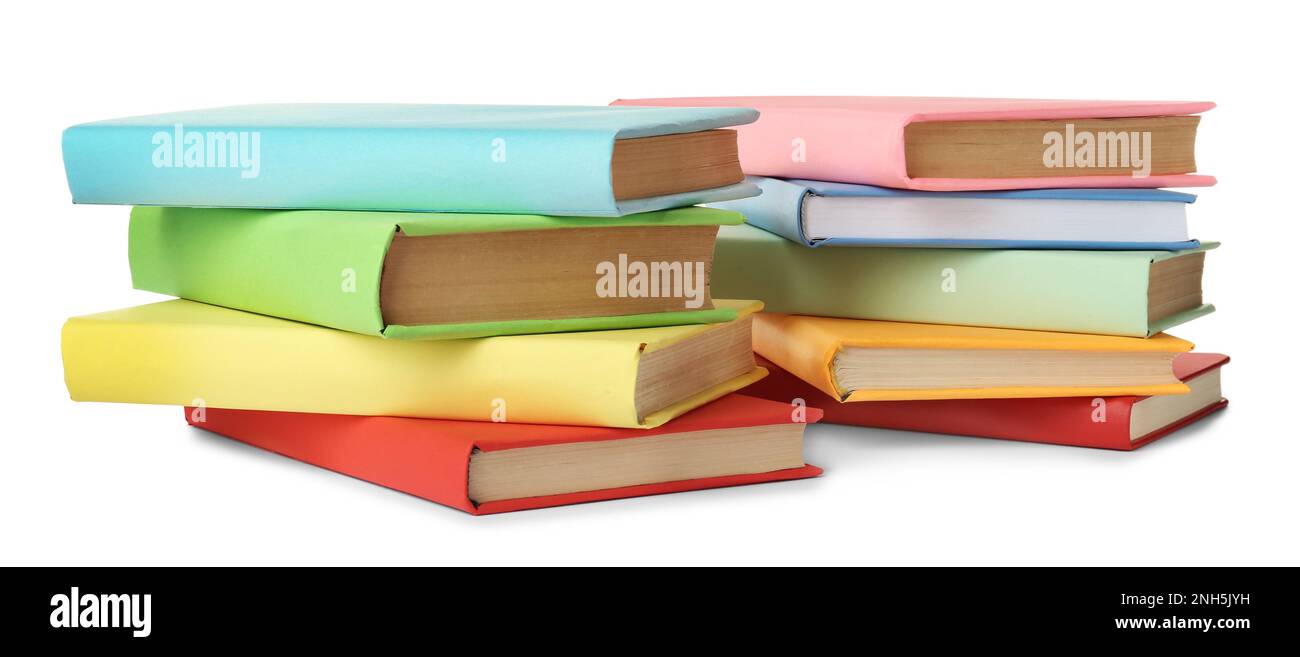 Many colorful hardcover books on white background Stock Photo - Alamy
