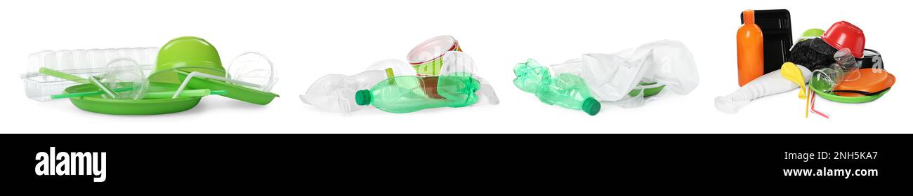 Set with different plastic items on white background. Banner design ...