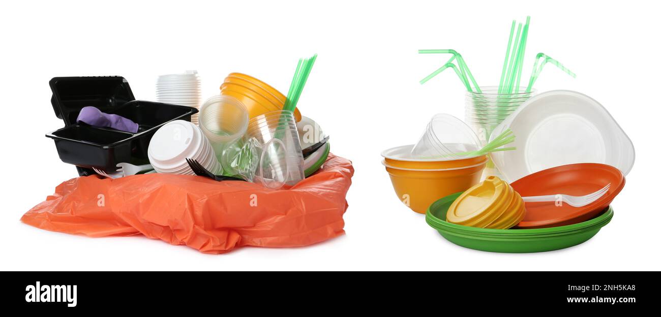 Different plastic items on white background, collage. Banner design ...