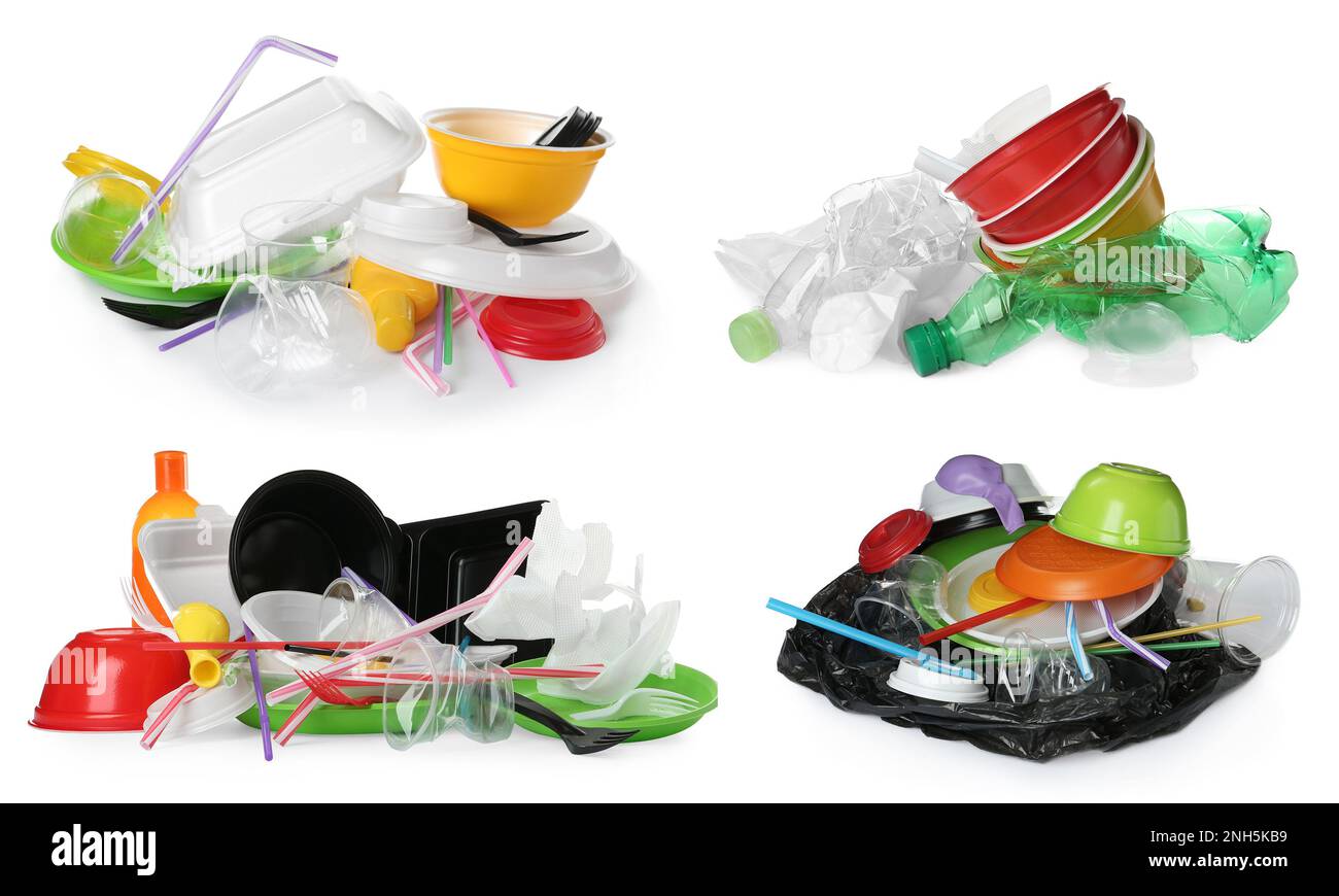 Set with different plastic items on white background. Banner design ...