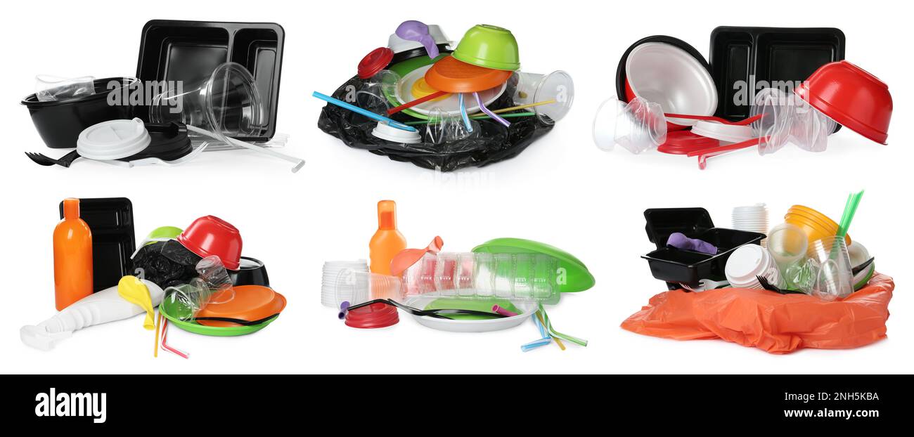 Set with different plastic items on white background. Banner design ...