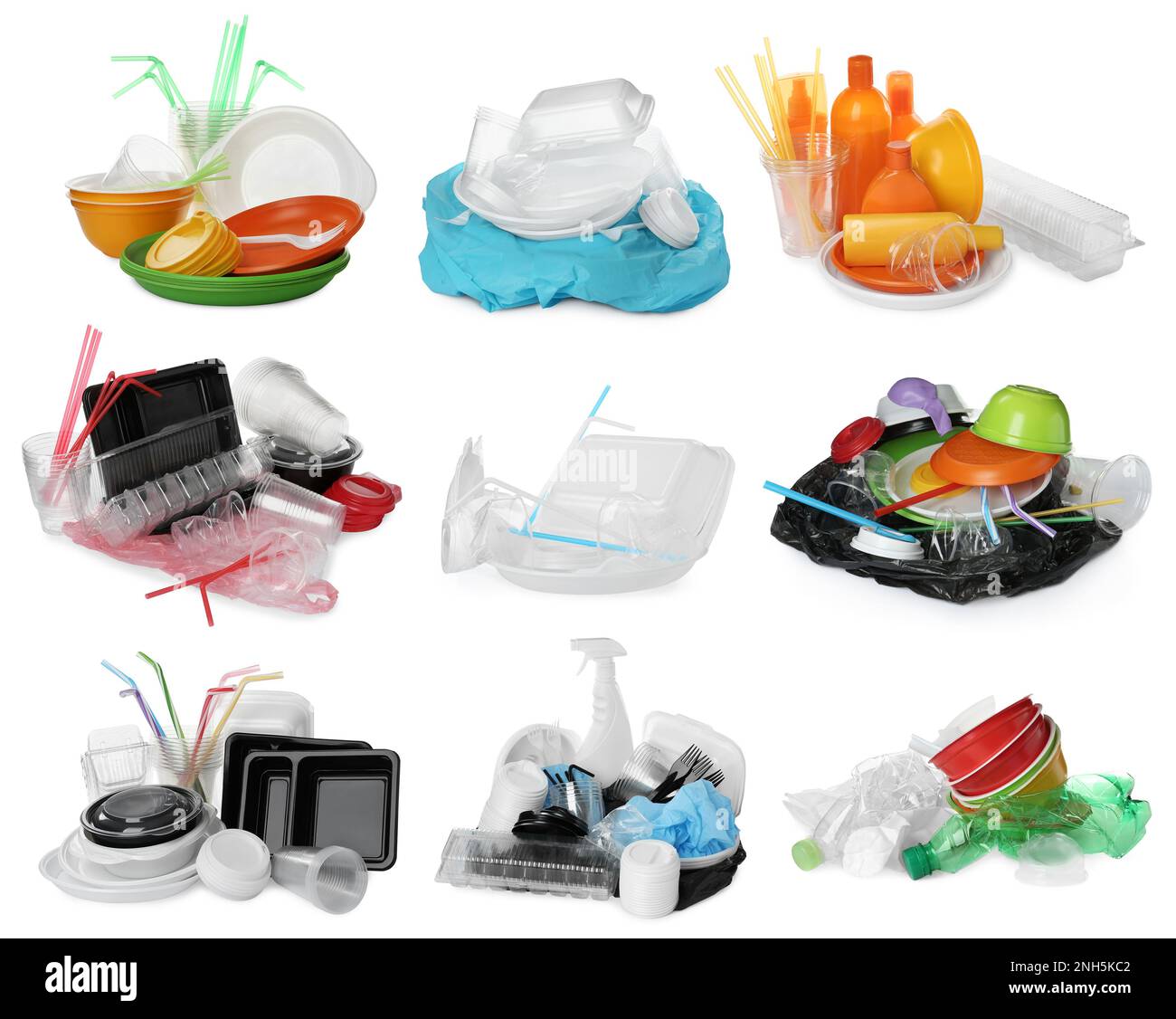 Set with different plastic items on white background Stock Photo - Alamy