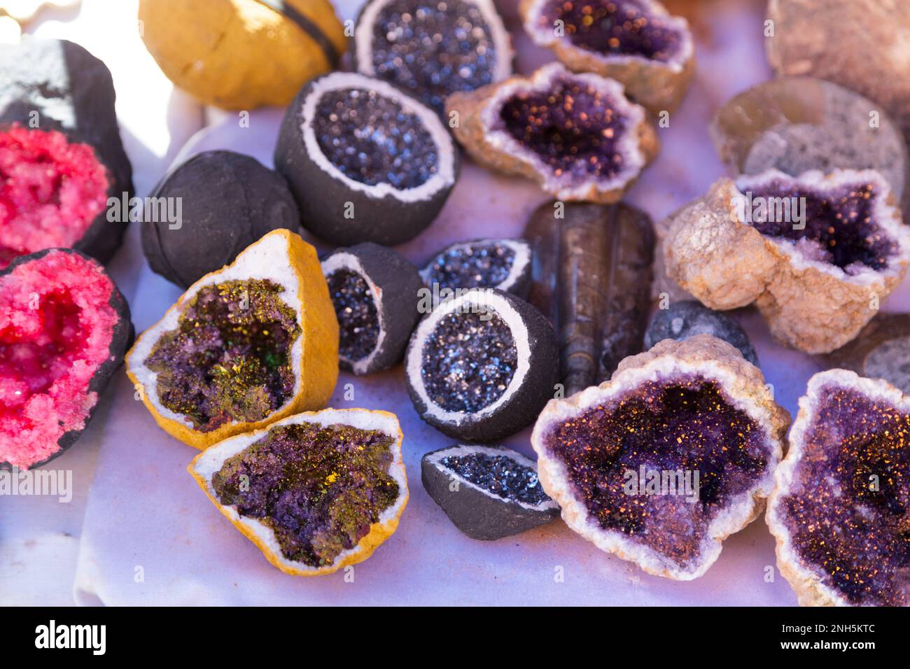 Various Geodes on display in the souk of Marrakesh in Morocco Stock ...