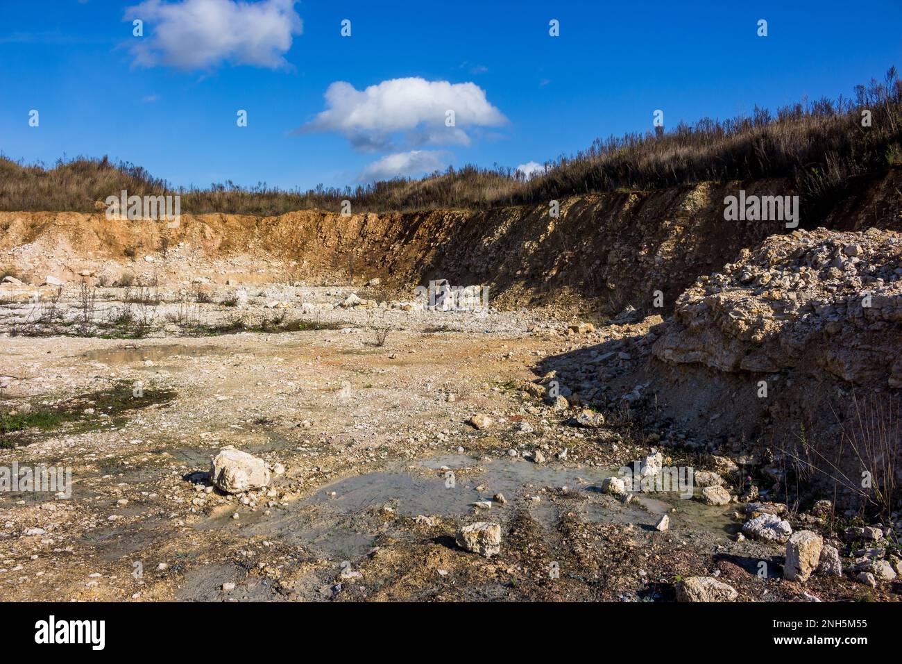 Shallow abandoned limestone quarry, construction material extraction ...