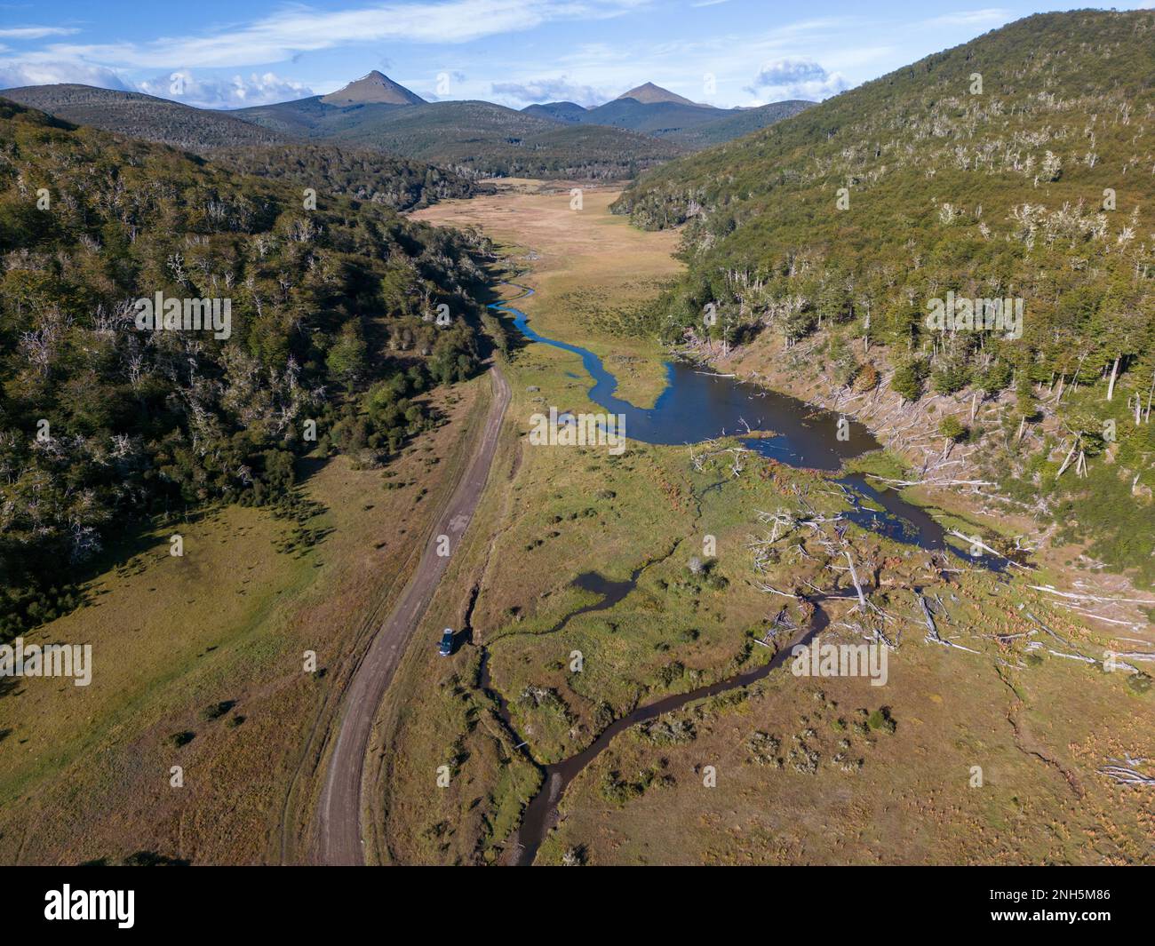 Aerial view of a beaver habitat in Reserva Lago Yeguin on the island ...