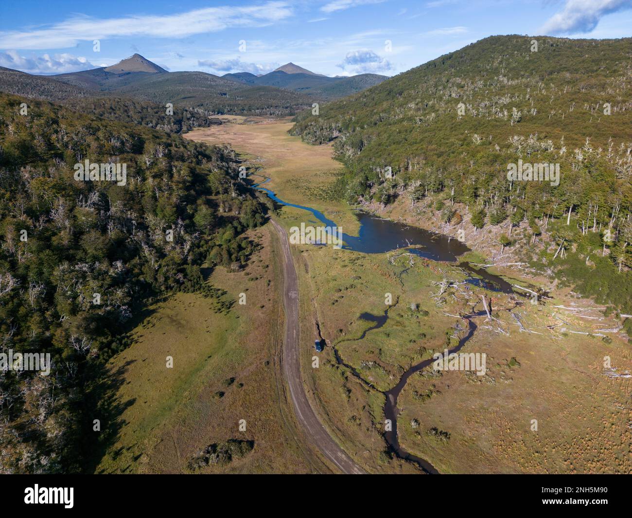 Aerial view of a beaver habitat in Reserva Lago Yeguin on the island ...