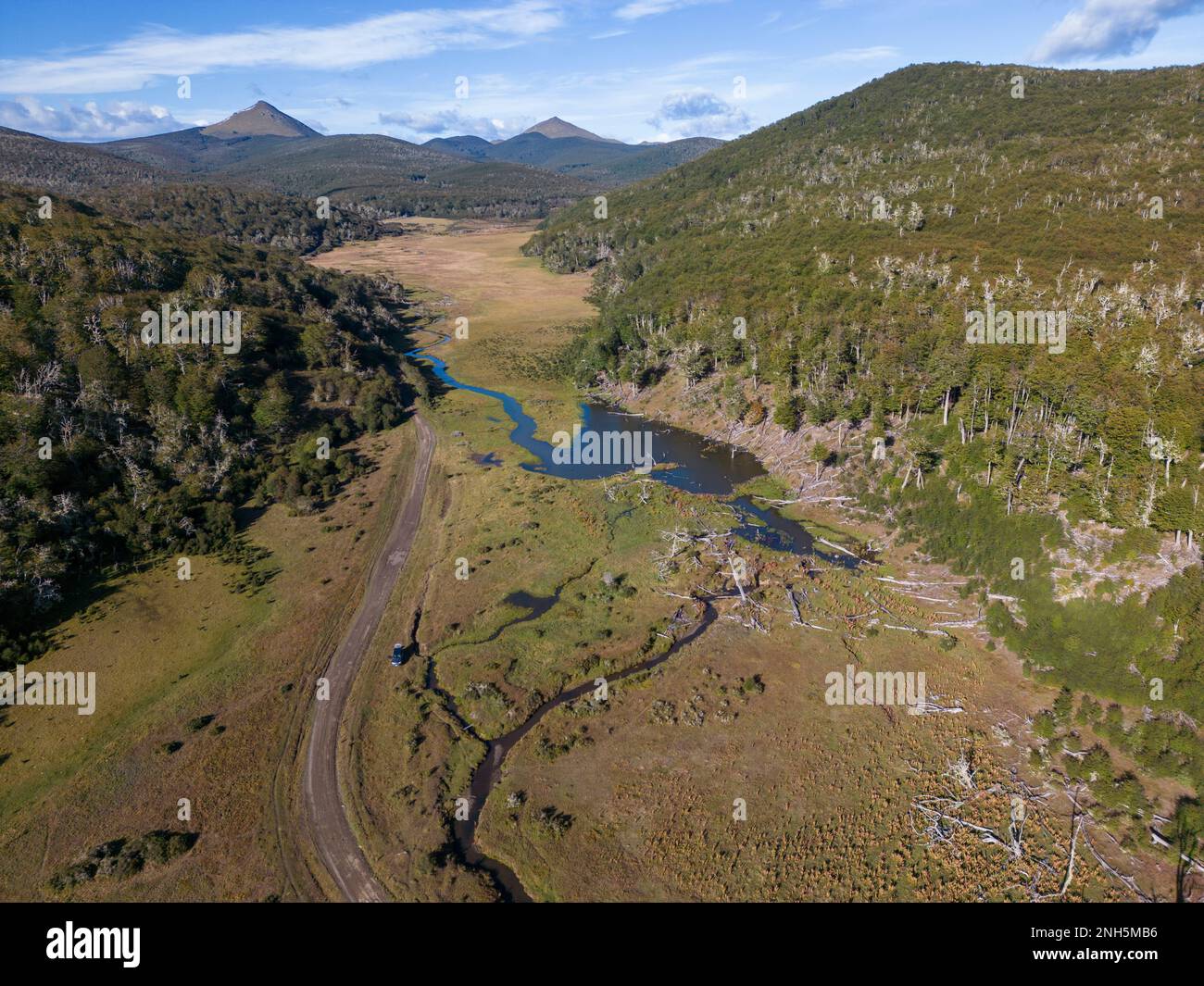 Aerial view of a beaver habitat in Reserva Lago Yeguin on the island ...