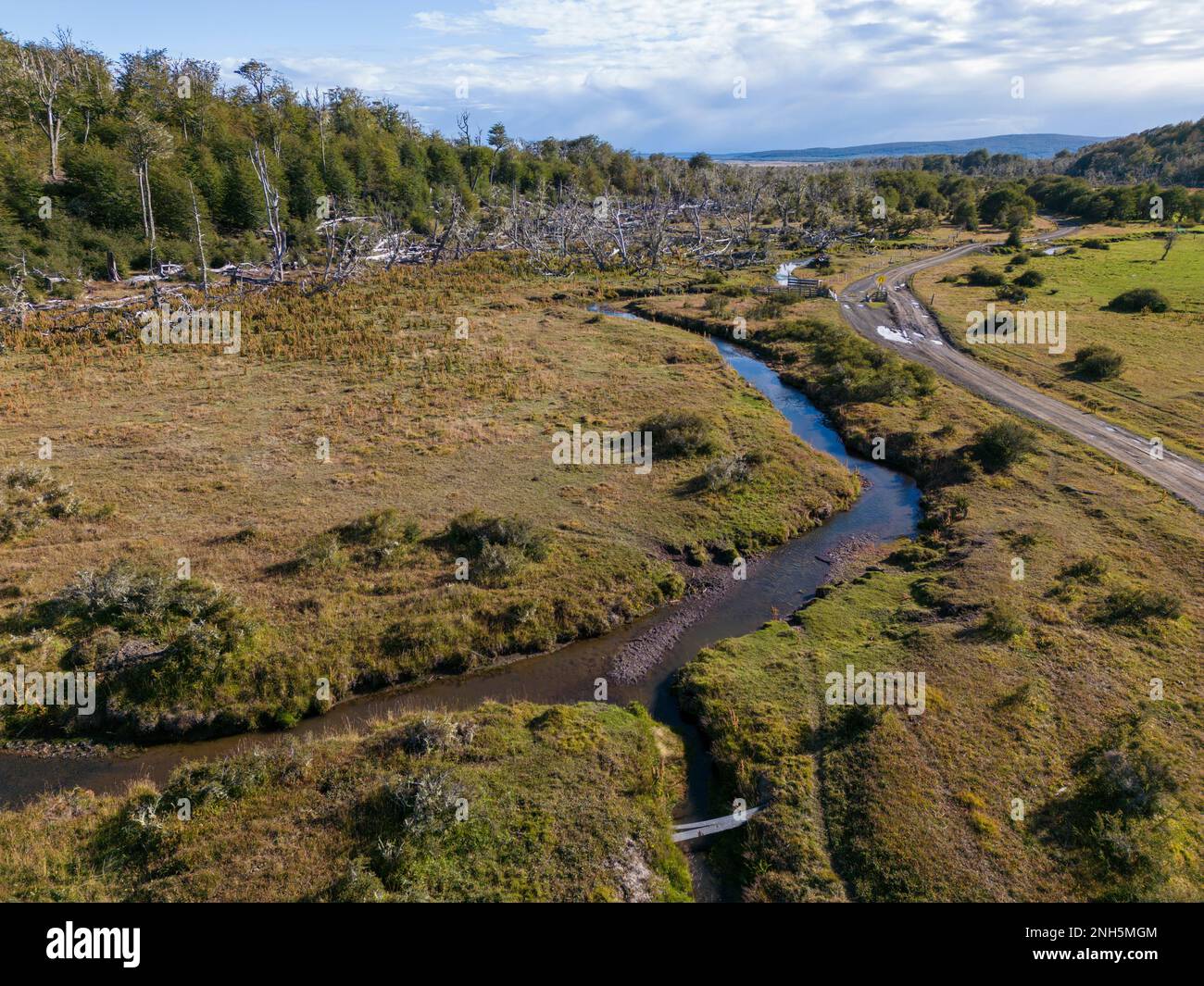 Aerial view of a beaver habitat in Reserva Lago Yeguin on the island ...