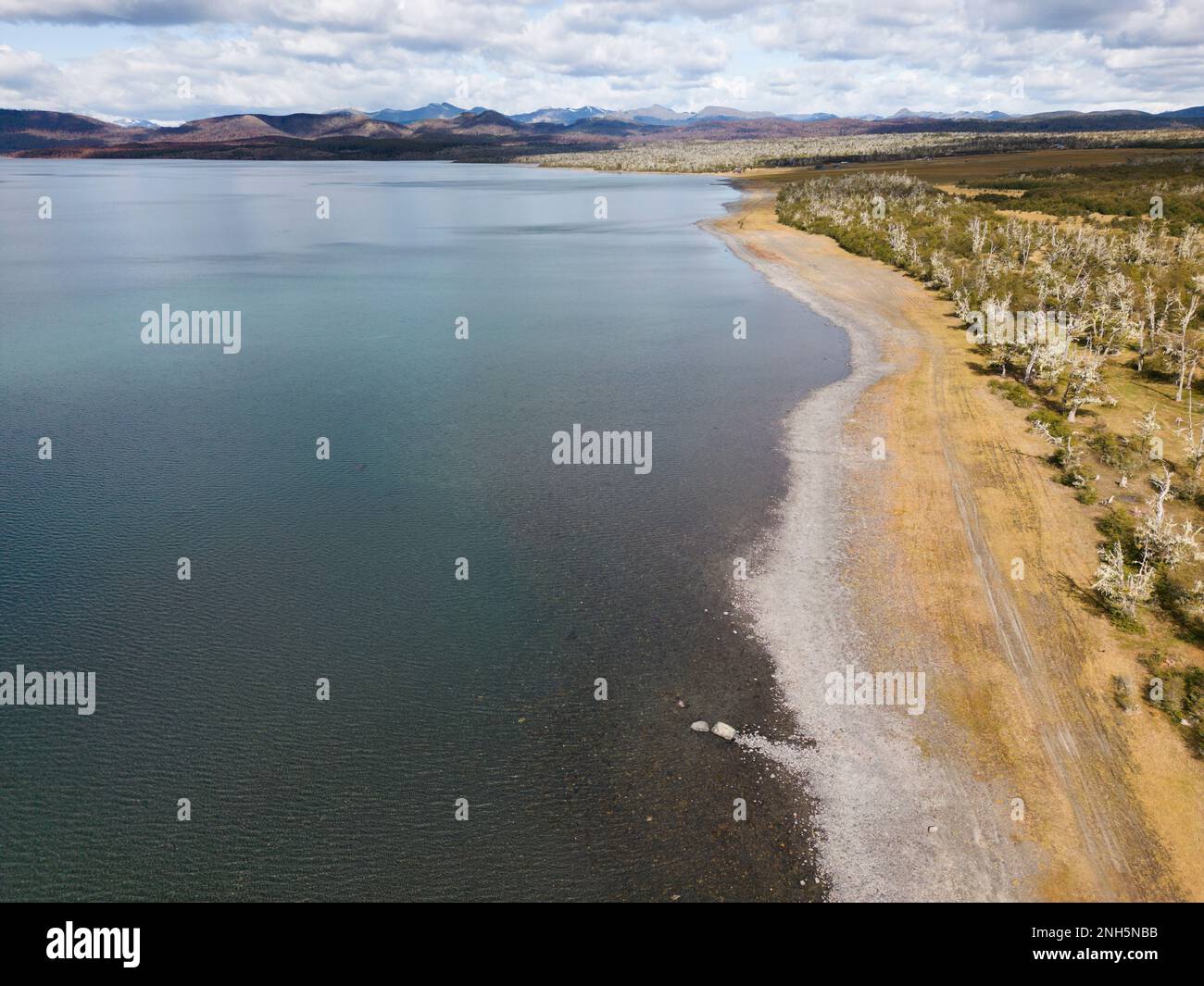 Aerial view of picturesque Lago Yehuin on the island Tierra del Fuego ...