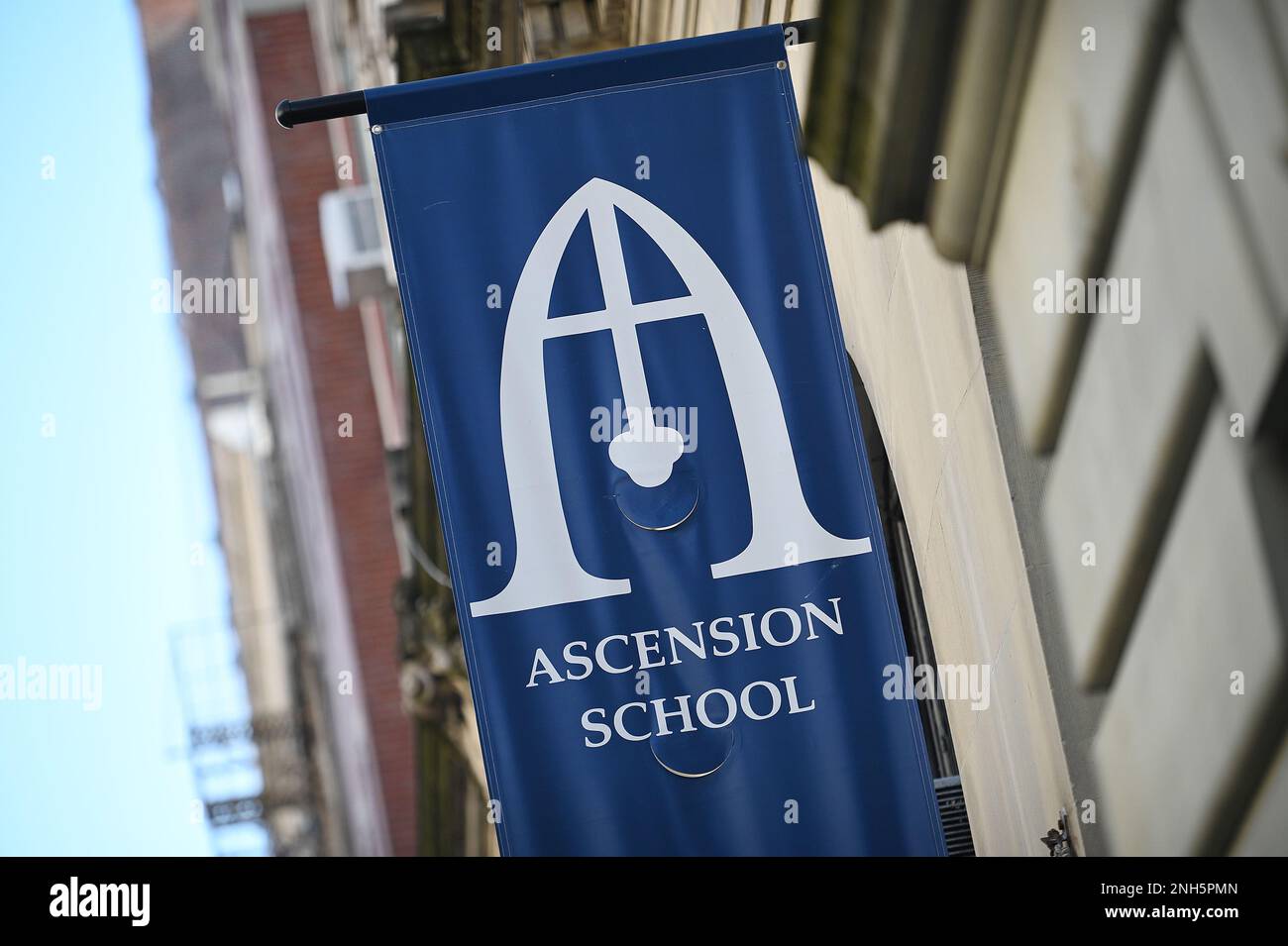 New York, USA. 20th Feb, 2023. Exterior view of Ascension School which provides a catholic ...